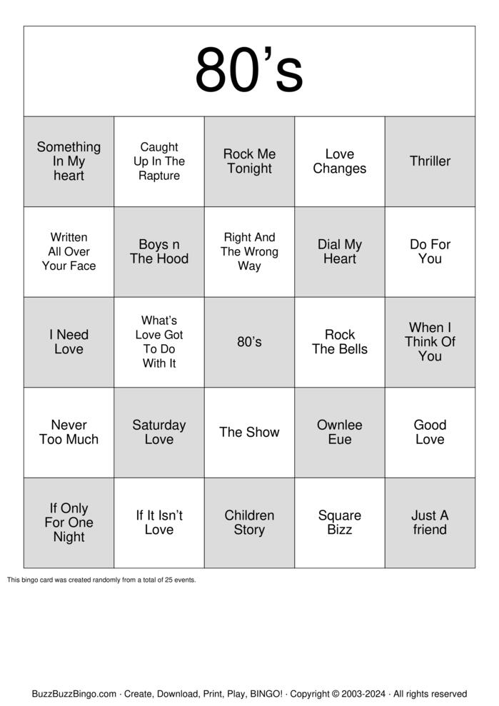 80's Bingo Cards to Download, Print and Customize!