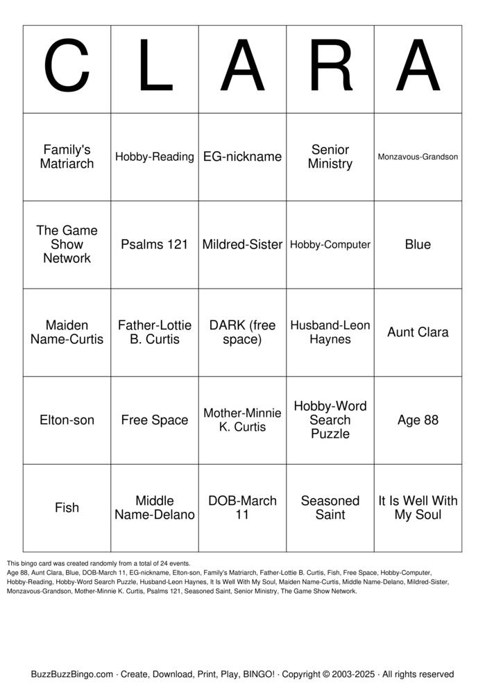 ALL ABOUT CLARA Bingo Cards to Download, Print and Customize!