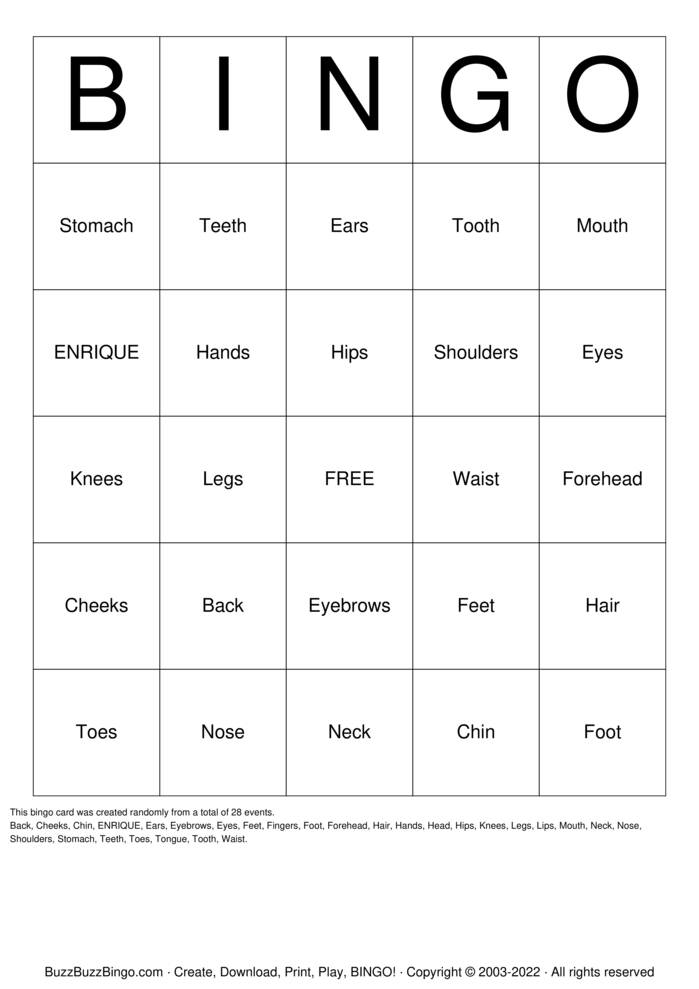 Body Parts Bingo Cards to Download, Print and Customize!