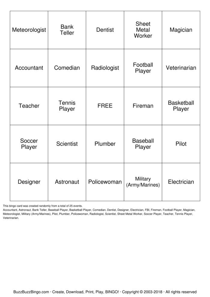 Career Day Bingo Bingo Cards to Download, Print and Customize!