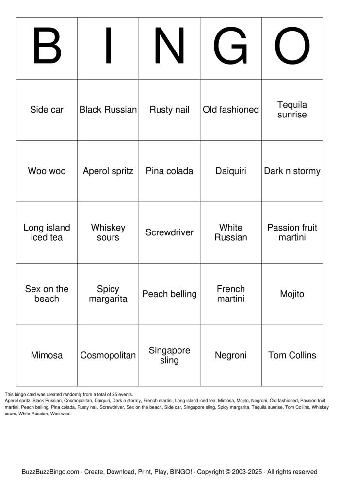 Cocktails Bingo Cards to Download, Print and Customize!