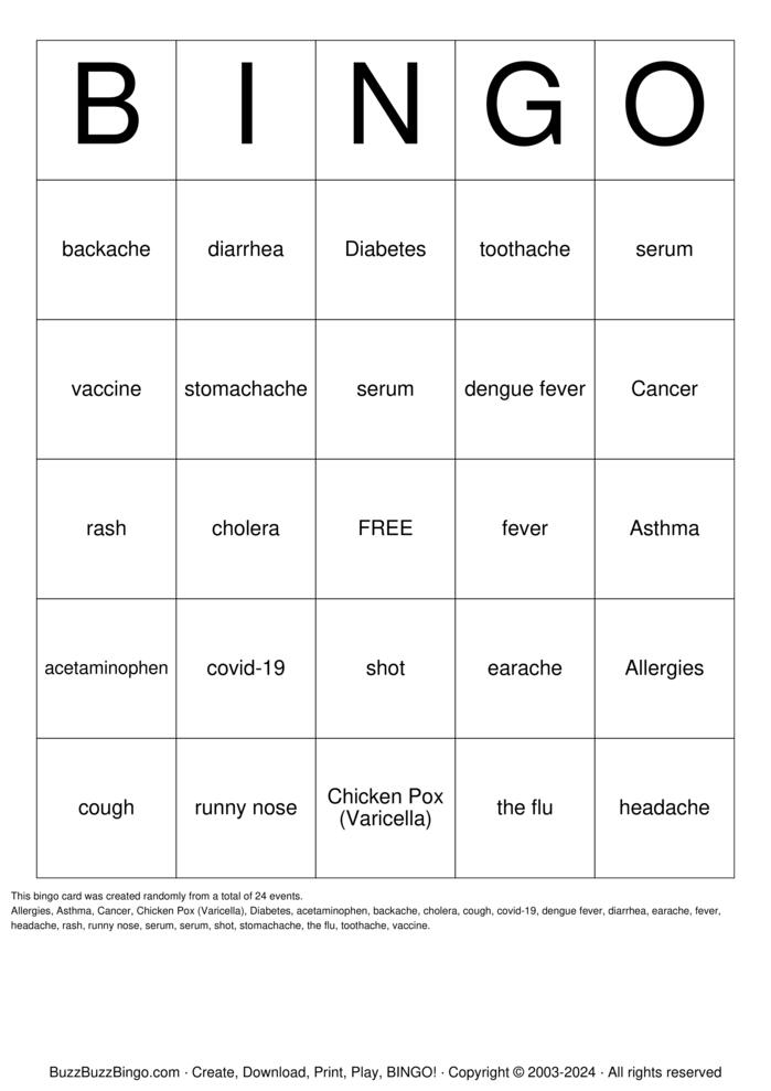 Diseases Bingo Cards to Download, Print and Customize!