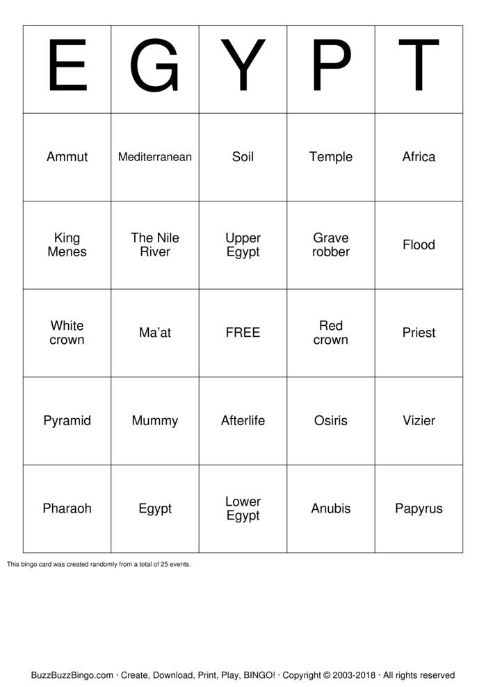 Egypt Bingo Cards to Download, Print and Customize!