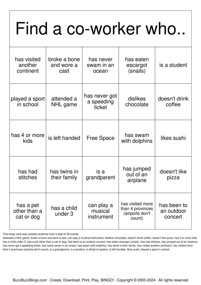 GR Get to know your co-workers Bingo Cards to Download, Print and ...