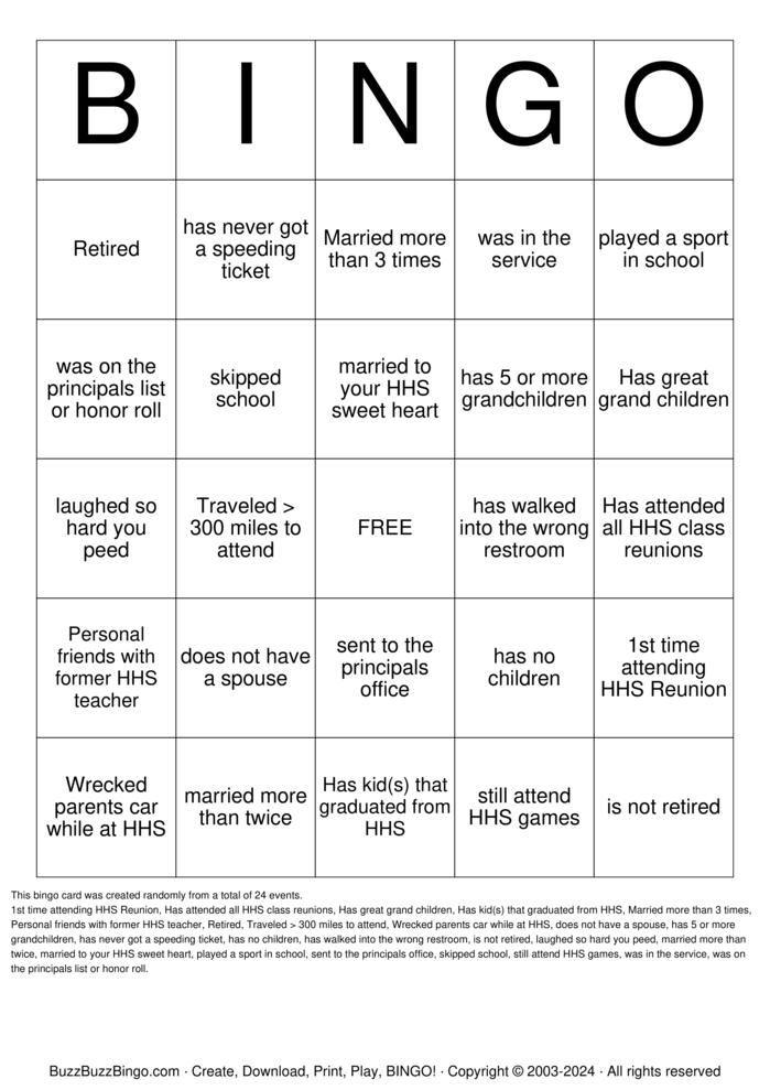 HHS 40th Reunion Bingo Cards to Download, Print and Customize!