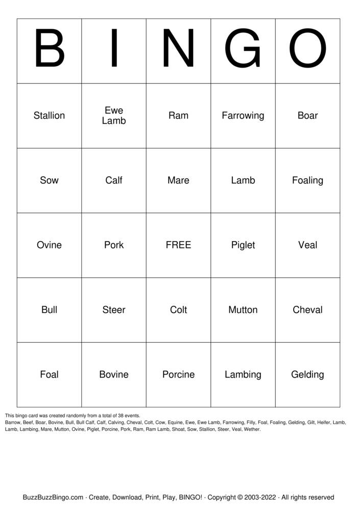 Livestock Terminology Bingo Cards to Download, Print and Customize!