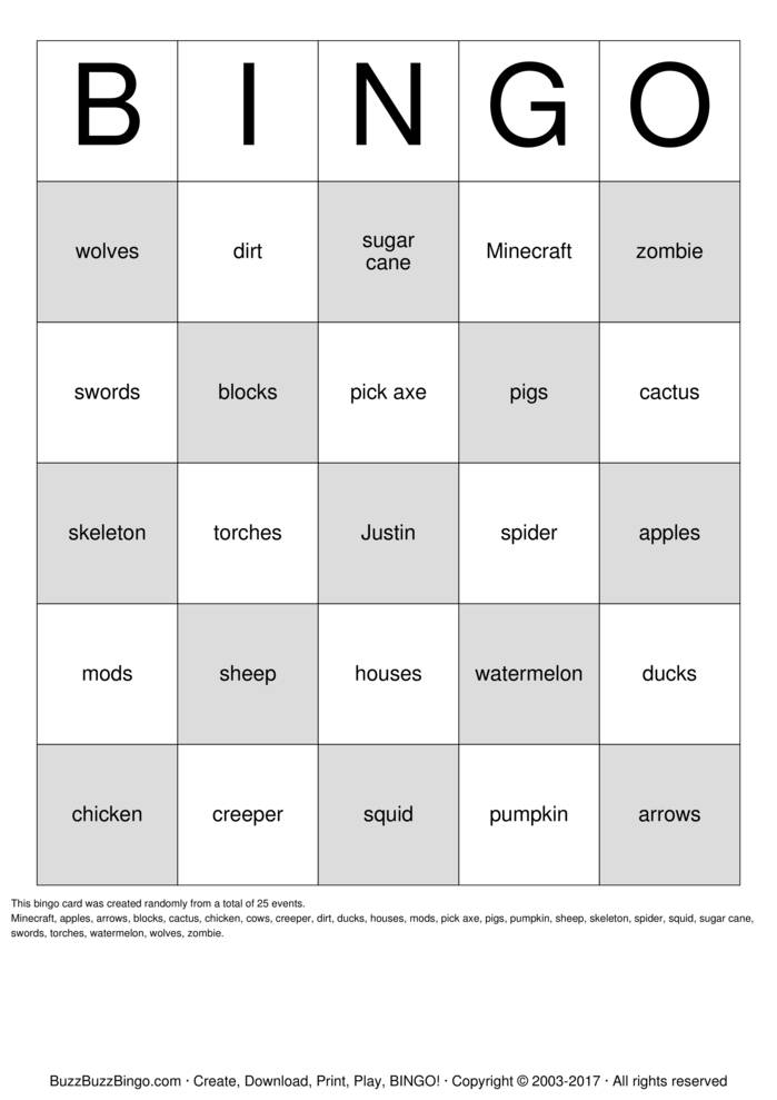 MineCraft Bingo Cards to Download, Print and Customize!
