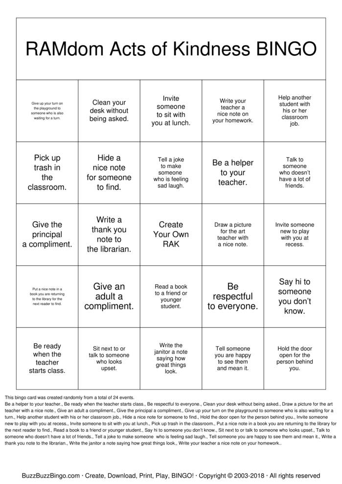 RAMdom Acts of Kindness Bingo Bingo Cards to Download, Print and Customize!