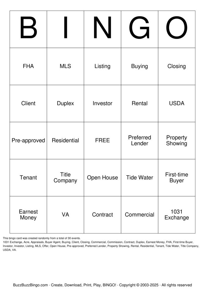 Real Estate Bingo Bingo Cards to Download, Print and Customize!
