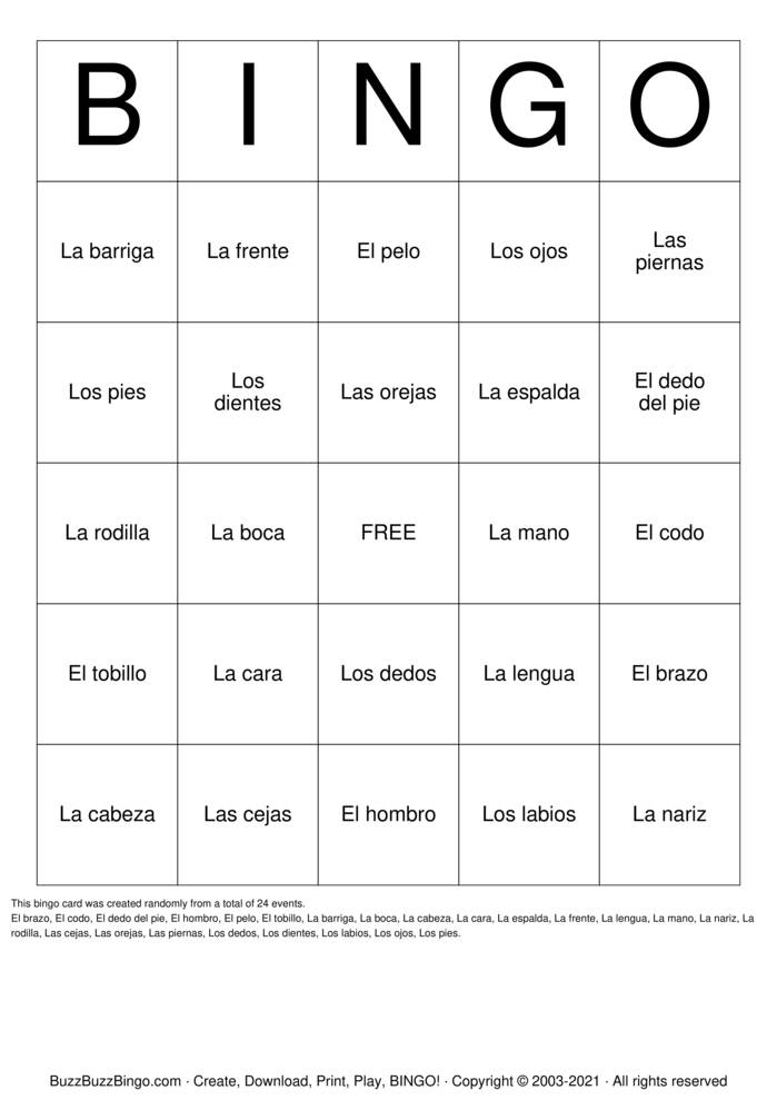Spanish Body Parts Bingo Cards to Download, Print and Customize!