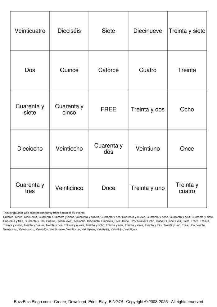Spanish numbers 1-50 Bingo Cards to Download, Print and Customize!