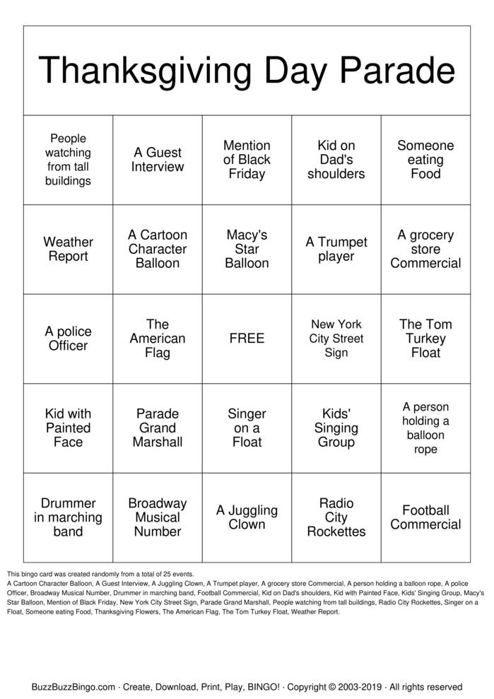 Thanksgiving Day Parade Bingo Cards to Download, Print and Customize!
