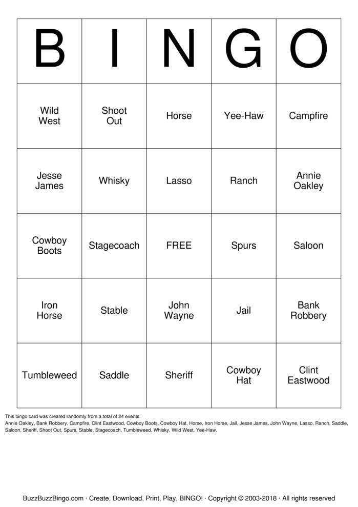 Western Bingo Cards to Download, Print and Customize!