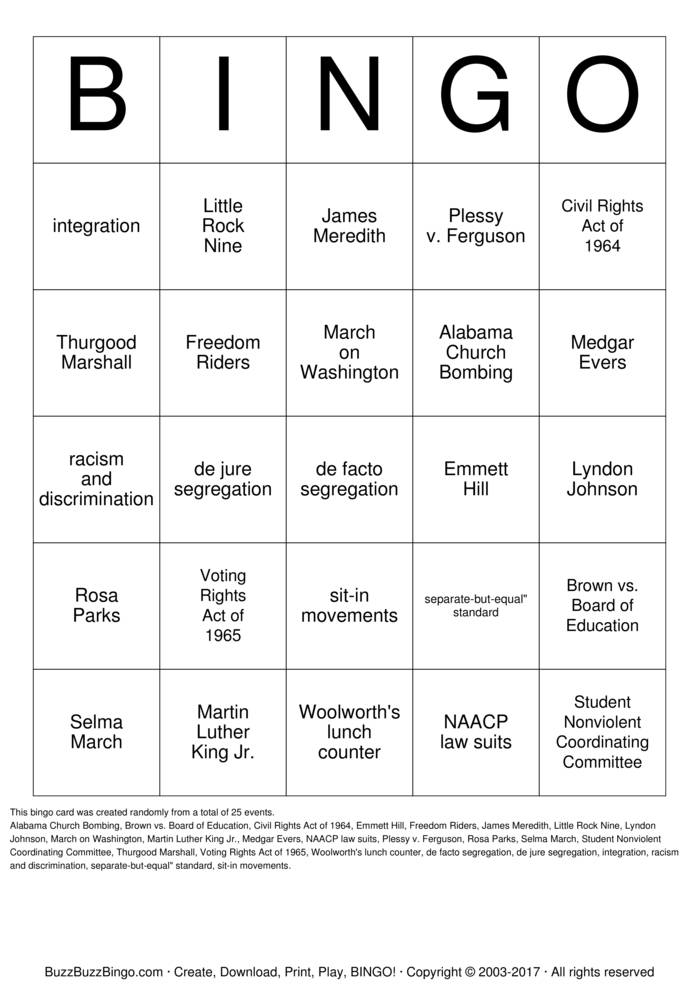 Civil Rights Primer Bingo Cards to Download, Print and Customize!