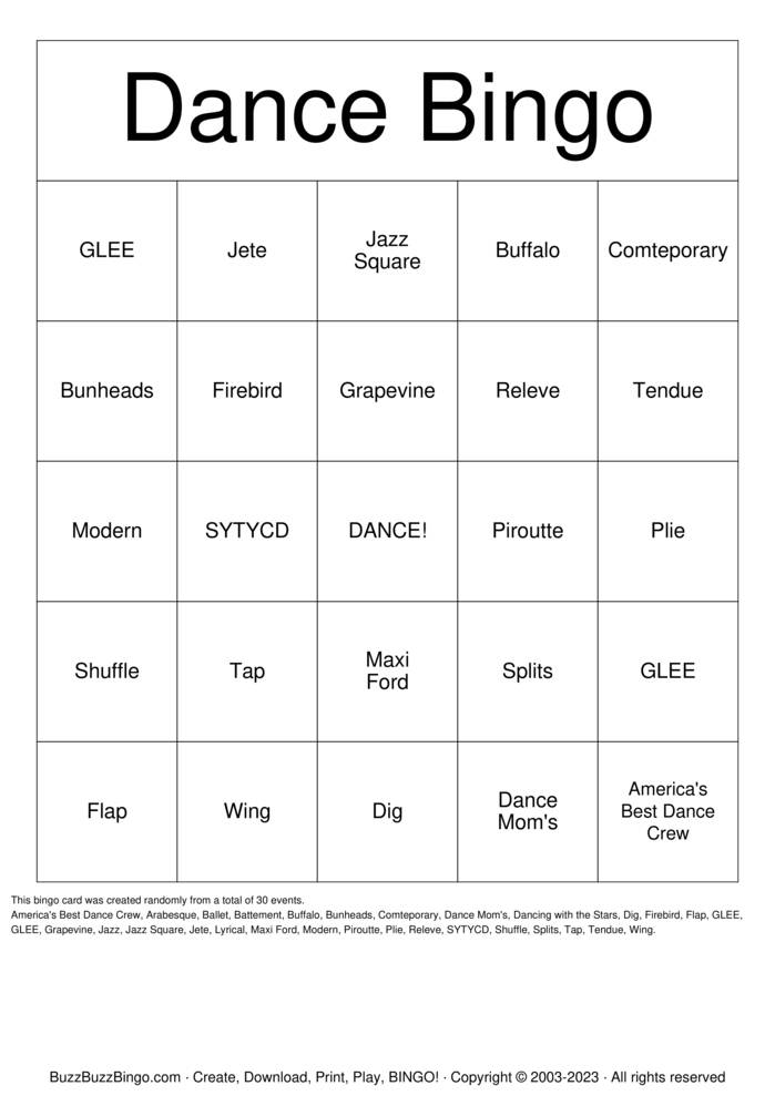 DANCE Bingo Cards to Download, Print and Customize!