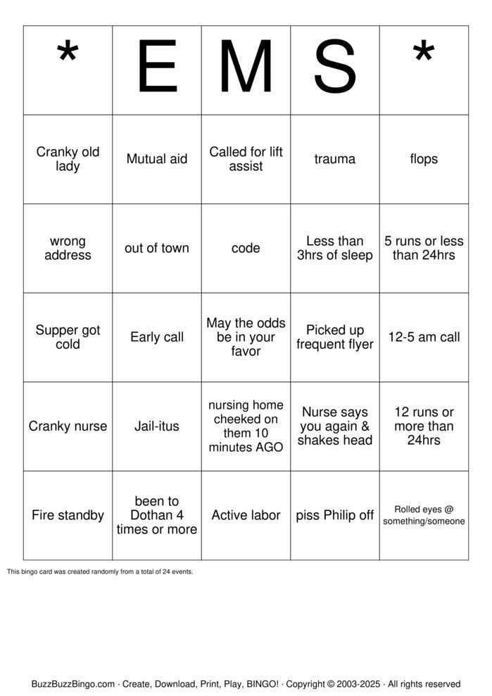 EMS Bingo Cards to Download, Print and Customize!