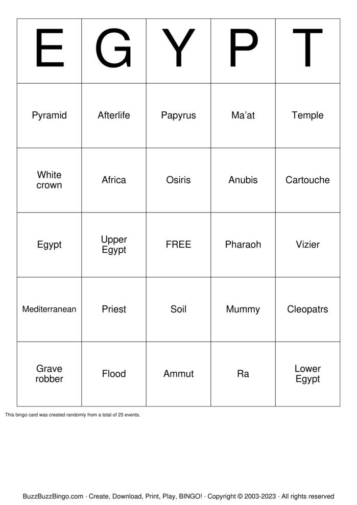 Egypt Bingo Cards to Download, Print and Customize!