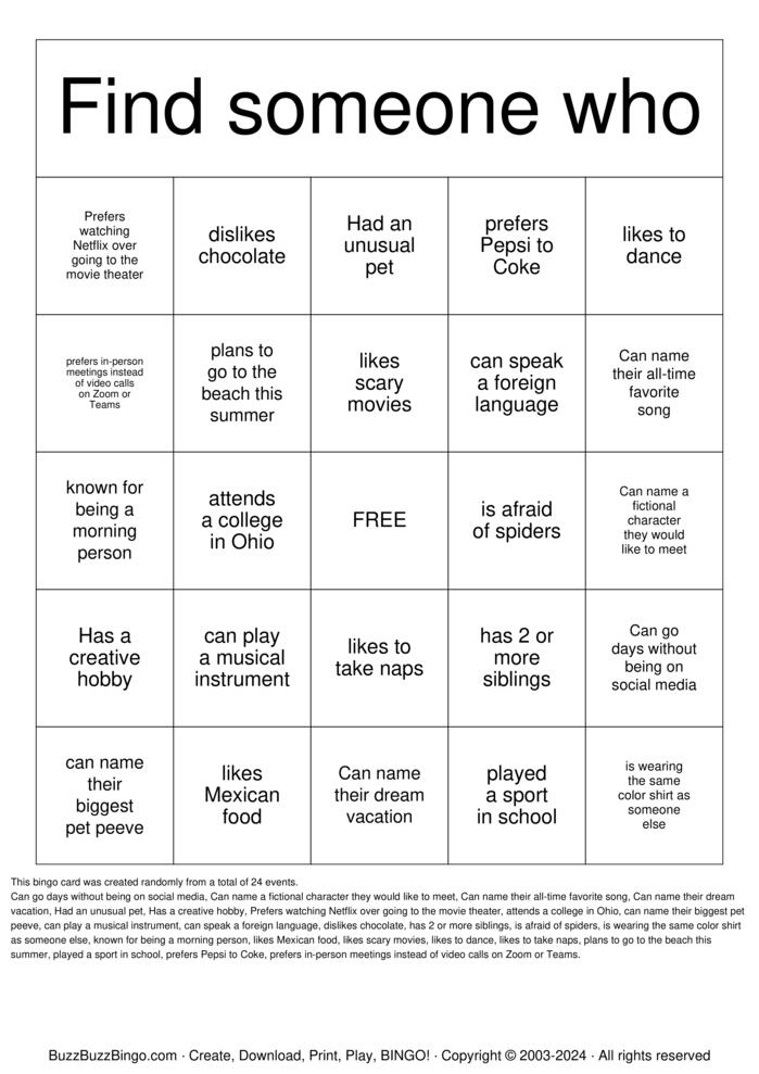 Find Someone Who... Bingo Cards to Download, Print and Customize!