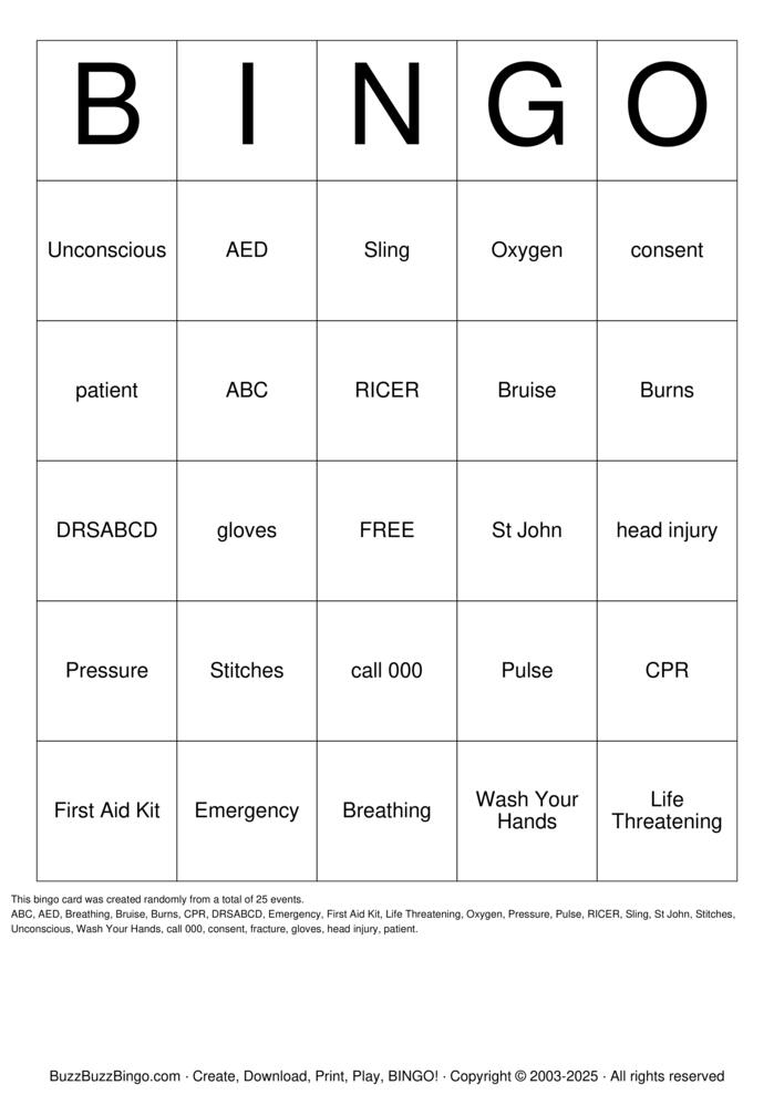 First Aid Bingo Bingo Cards to Download, Print and Customize!