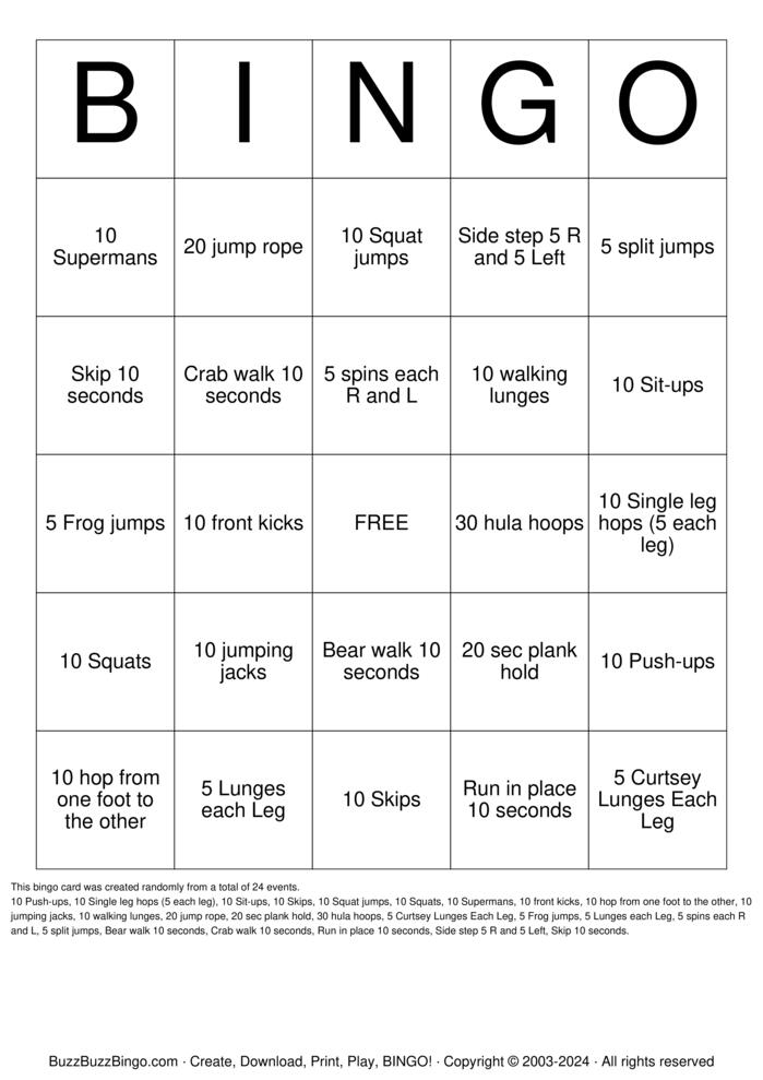 Fitness Bingo Bingo Cards to Download, Print and Customize!