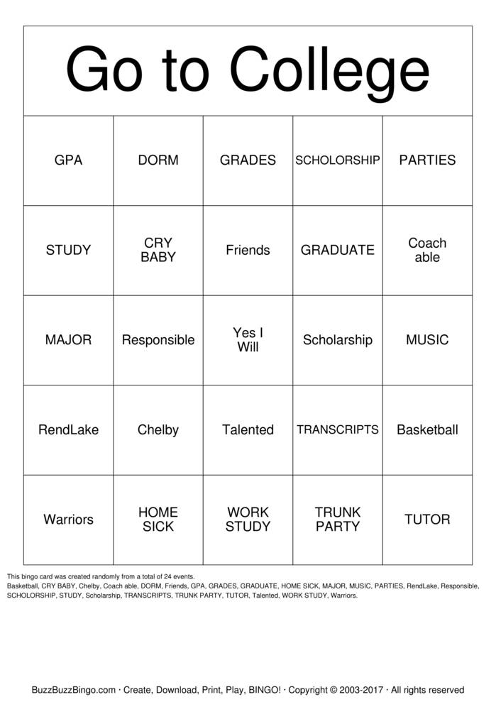 Go to College Bingo Cards to Download, Print and Customize!
