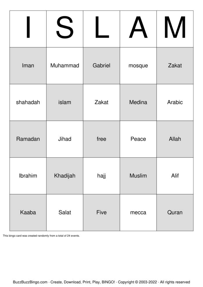 ISLAM Bingo Cards to Download, Print and Customize!