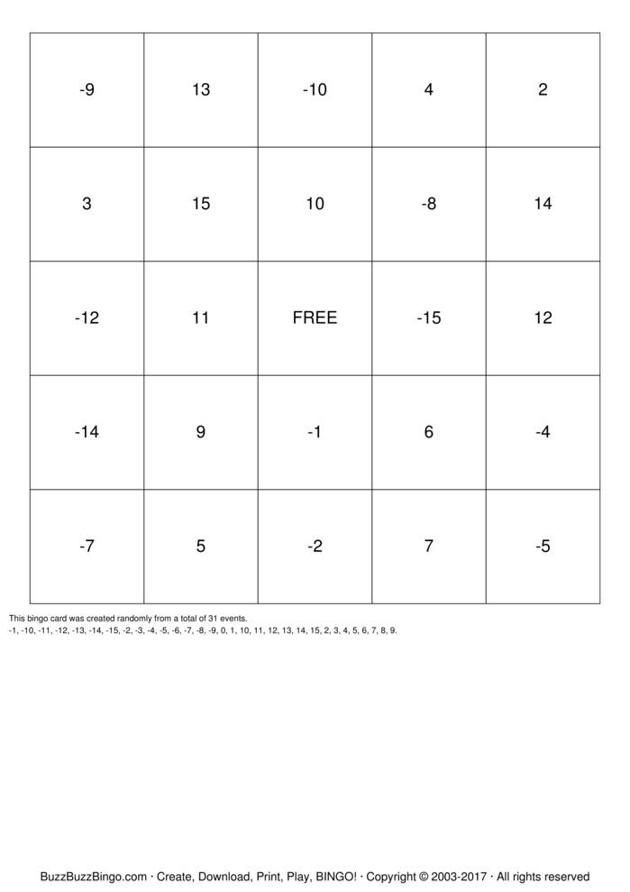 Integer Operations Bingo Cards to Download, Print and Customize!