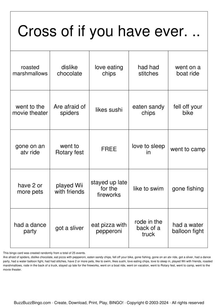 Life experiences bingo Bingo Cards to Download, Print and Customize!