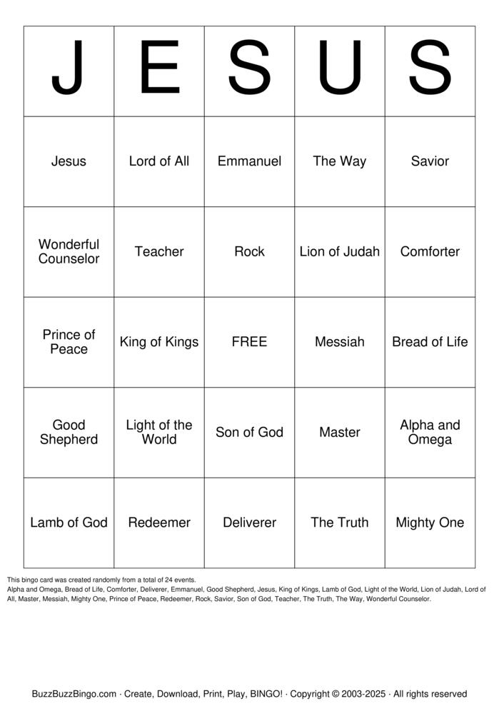 Names of Jesus Bingo Cards to Download, Print and Customize!