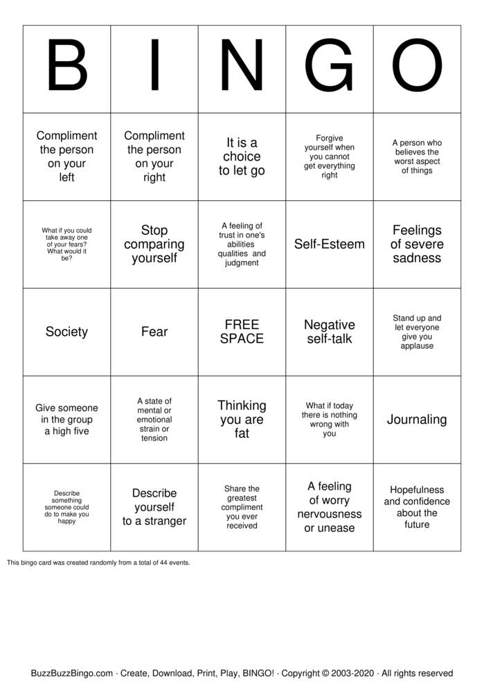 Self-Esteem Bingo Cards to Download, Print and Customize!