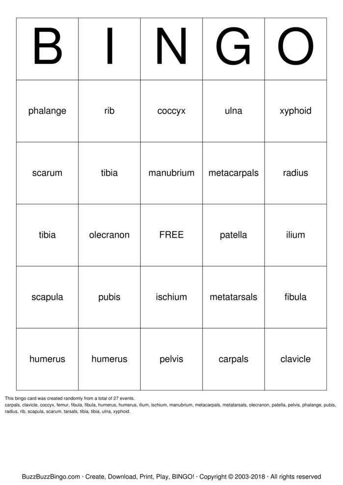 BONE Bingo Cards to Download, Print and Customize!