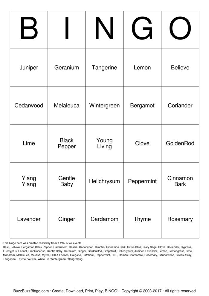 ESSENTIAL OIL BINGO Bingo Cards to Download, Print and Customize!