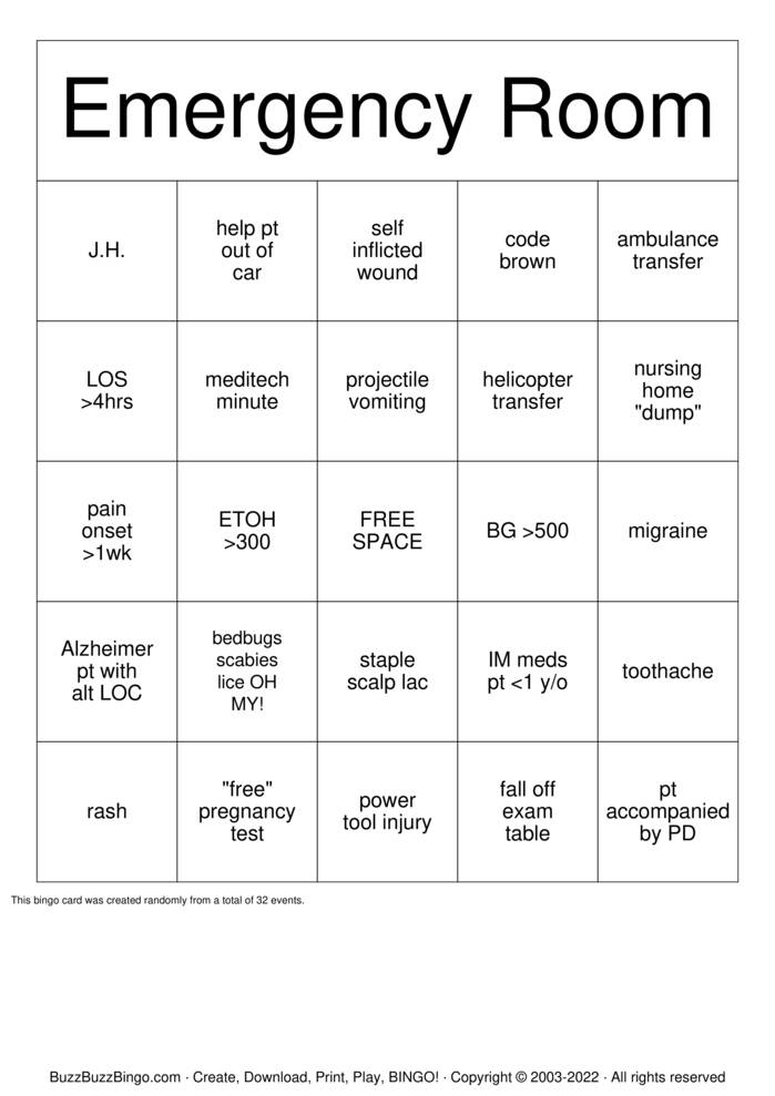 Emergency Room Bingo Cards to Download, Print and Customize!