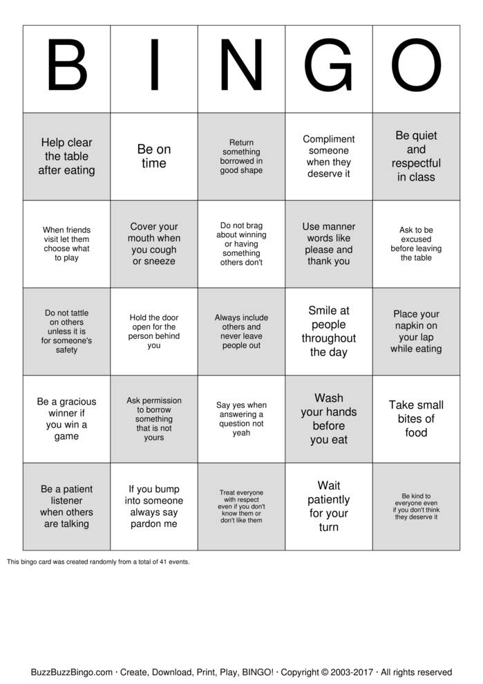 Etiquette Bingo Cards to Download, Print and Customize!