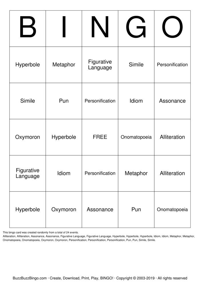 Figurative Language Bingo Cards to Download, Print and Customize!