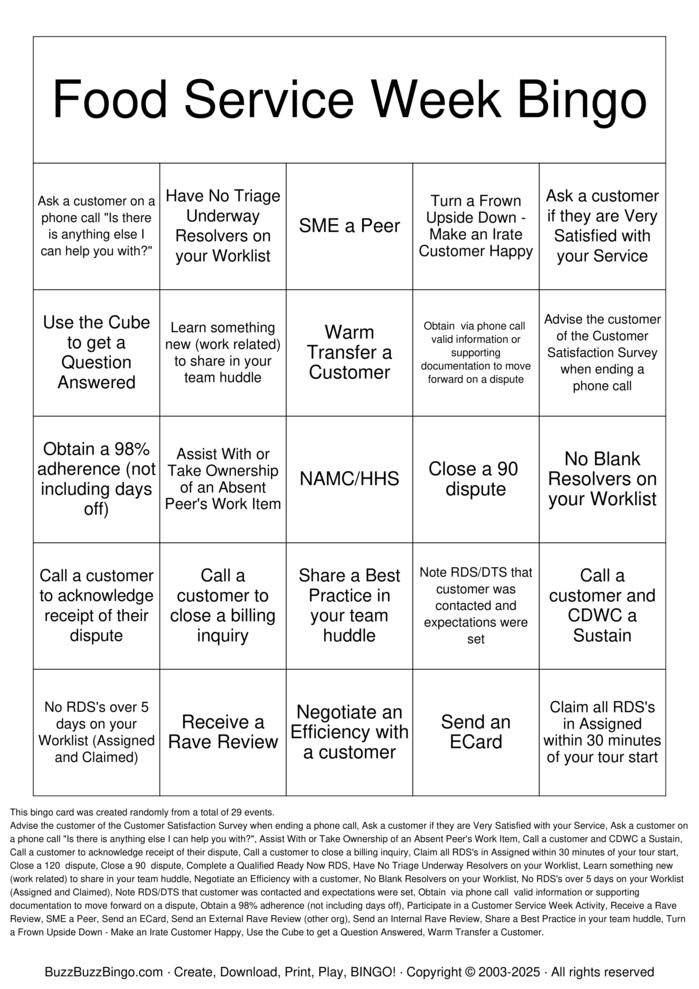 Food Service Week Bingo Bingo Cards to Download, Print and Customize!