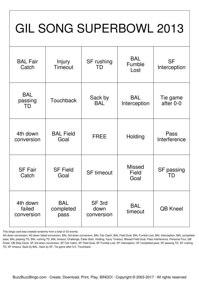 Gil Song Superbowl Party Bingo Cards to Download, Print and Customize!