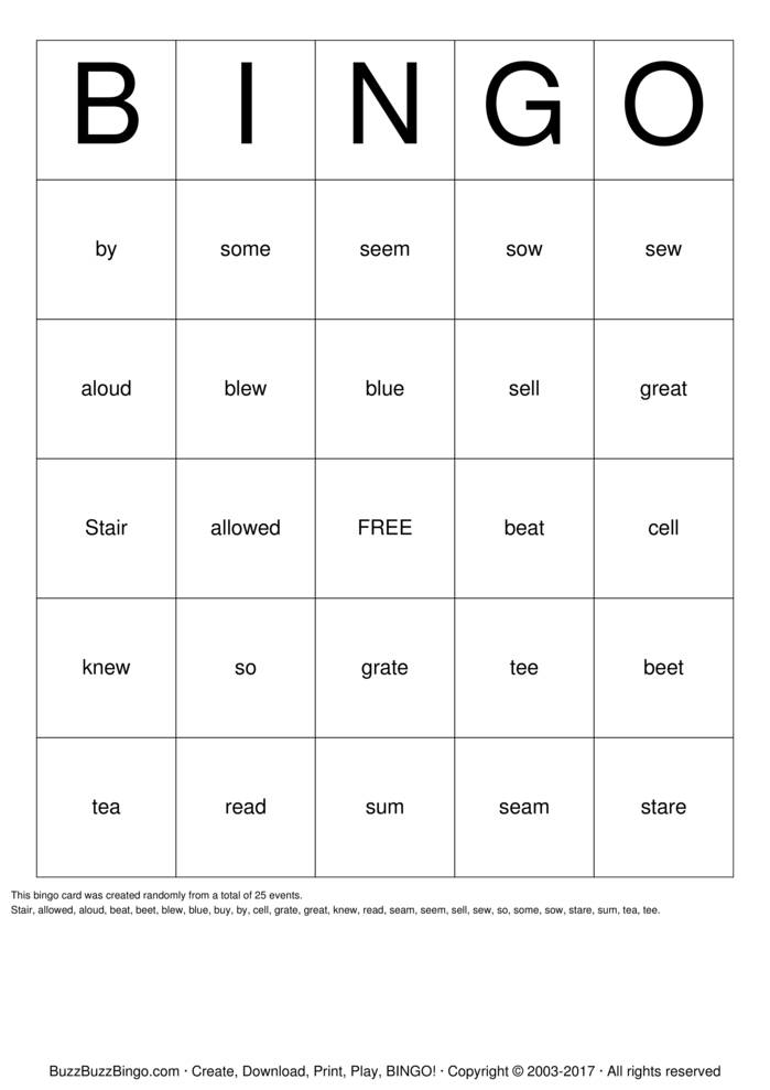 Homophone Bingo Cards to Download, Print and Customize!