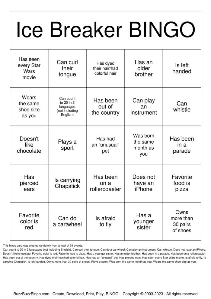 ICEBREAKER BINGO Bingo Cards to Download, Print and Customize!
