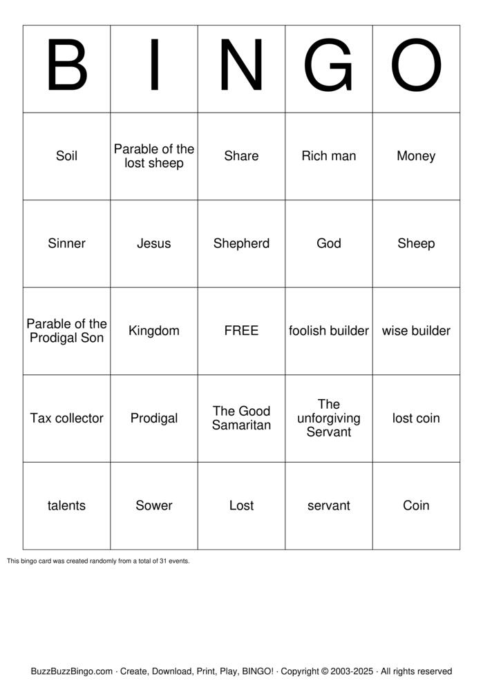 Parables of Jesus Bingo Cards to Download, Print and Customize!
