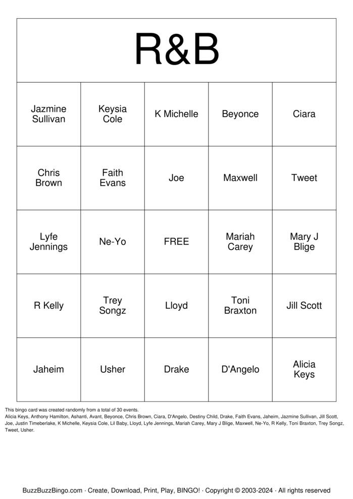 R&B Bingo Cards to Download, Print and Customize!