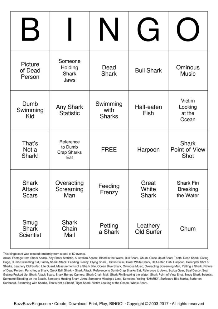SHARK WEEK BINGO Bingo Cards to Download, Print and Customize!