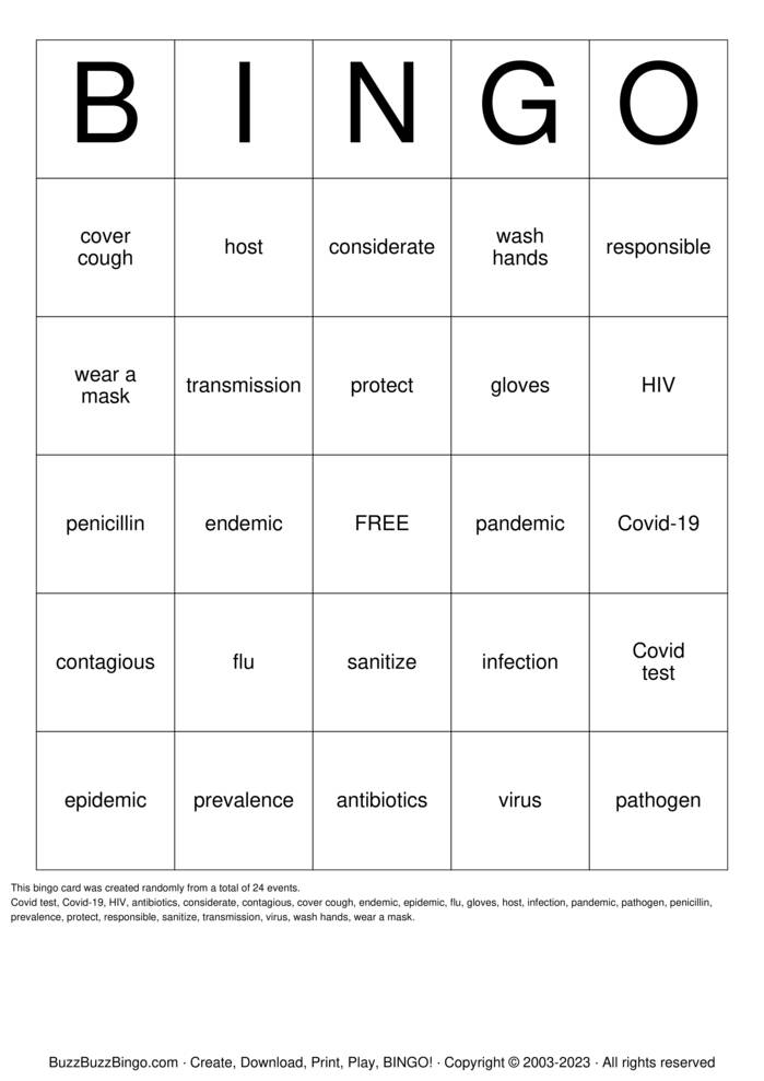 VIRUS Bingo Cards to Download, Print and Customize!