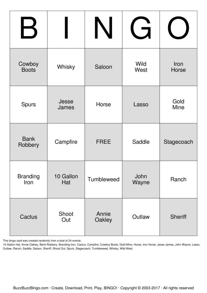Western Bingo Bingo Cards to Download, Print and Customize!