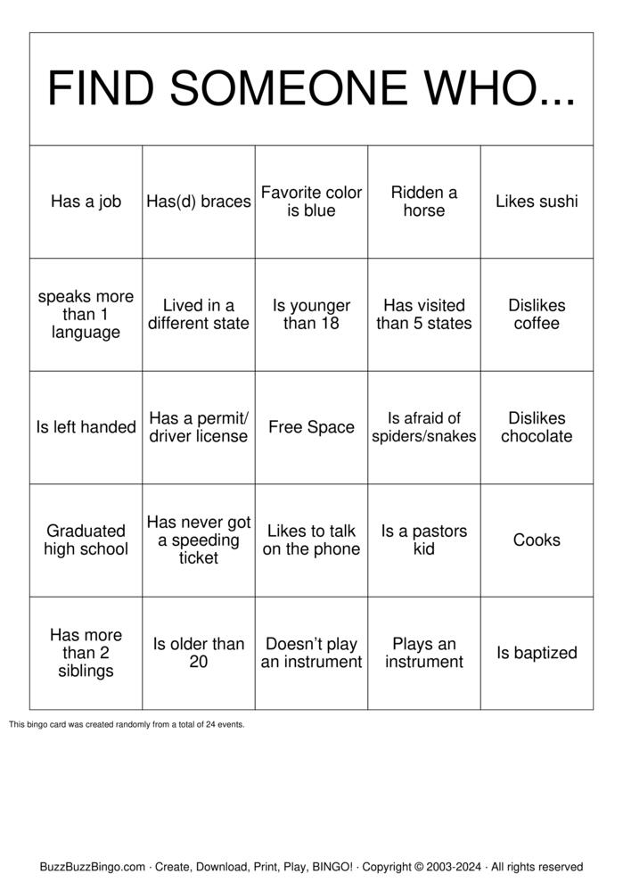 get to know me bingo Bingo Cards to Download, Print and Customize!