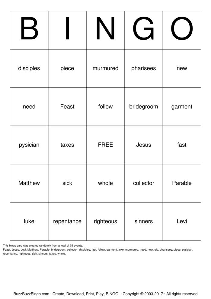 luke 5:27-39 Bingo Cards to Download, Print and Customize!