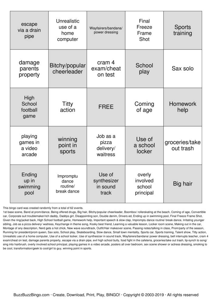 80's Movie Cliche Bingo Cards to Download, Print and Customize!