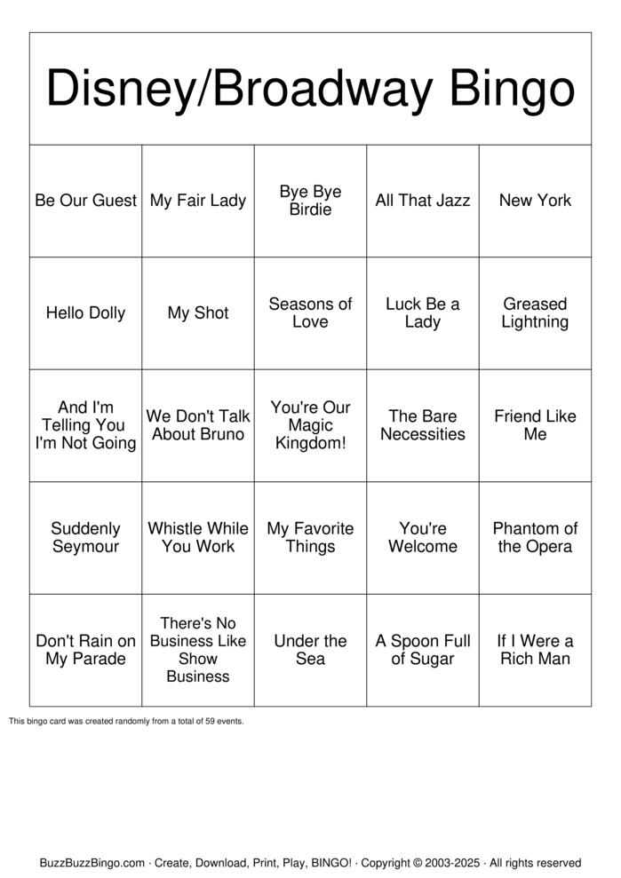 Broadway/Disney Bingo Cards to Download, Print and Customize!