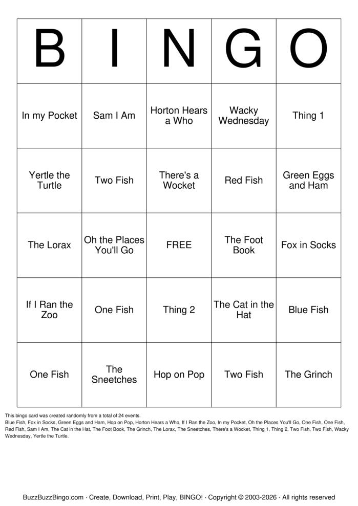 DR. SEUSS Bingo Cards to Download, Print and Customize!