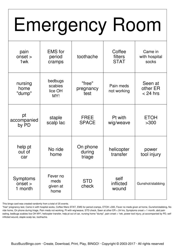 Emergency Room Bingo Cards to Download, Print and Customize!